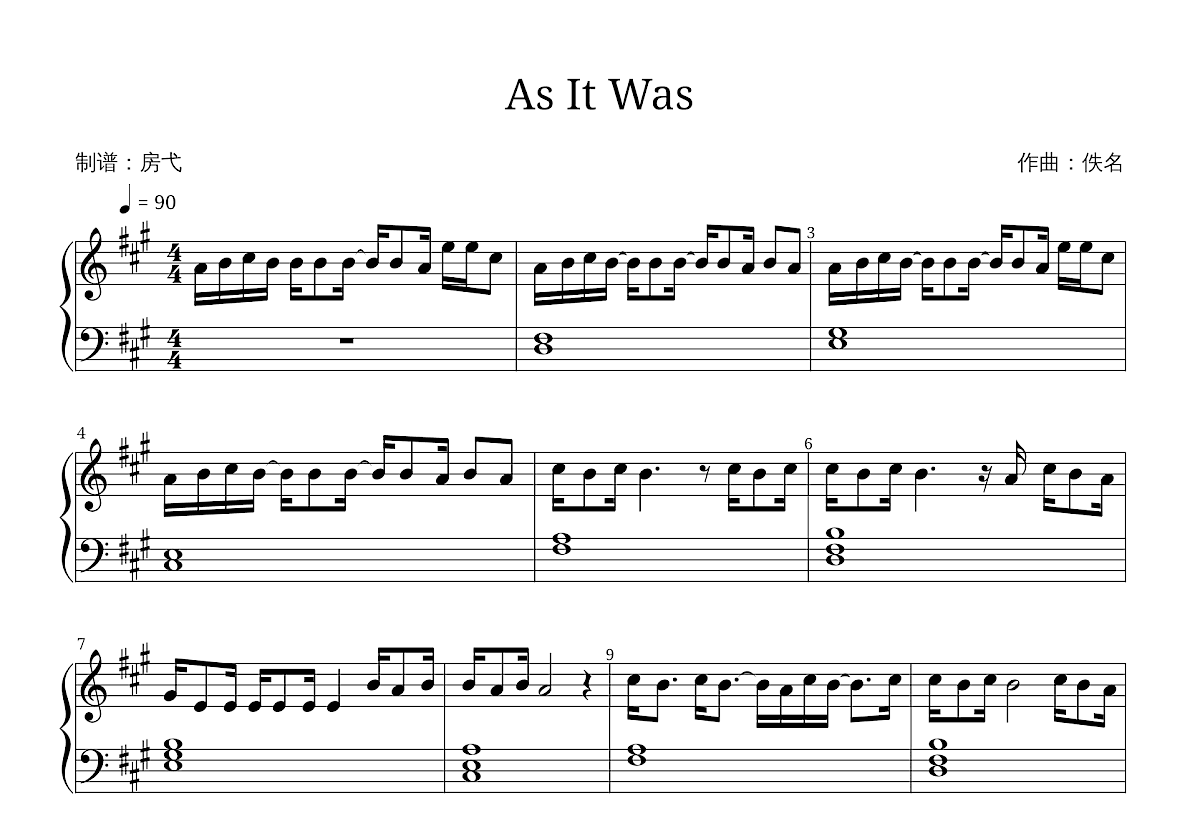 As It Was钢琴谱_佚名_A调独奏 - 吉他世界