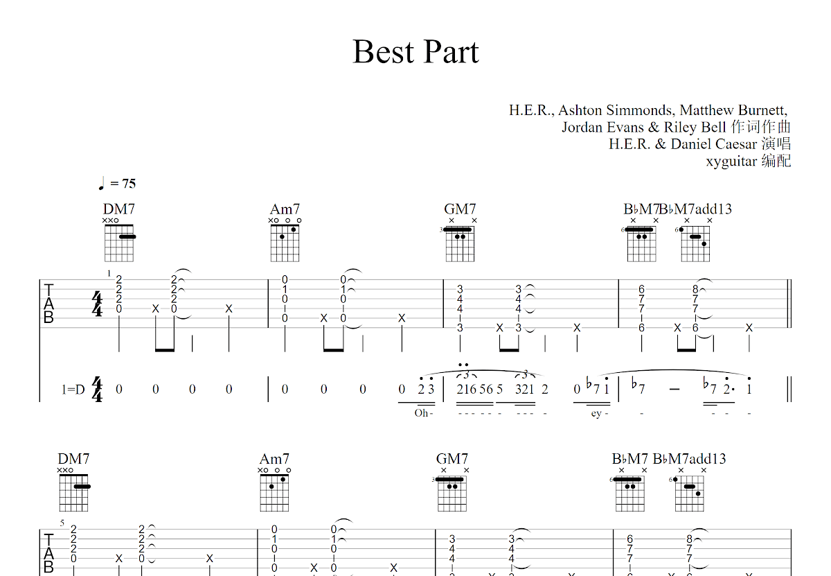 Best Part吉他谱_H.E.R,Daniel Caesar_D调弹唱94%专辑版 - 吉他世界