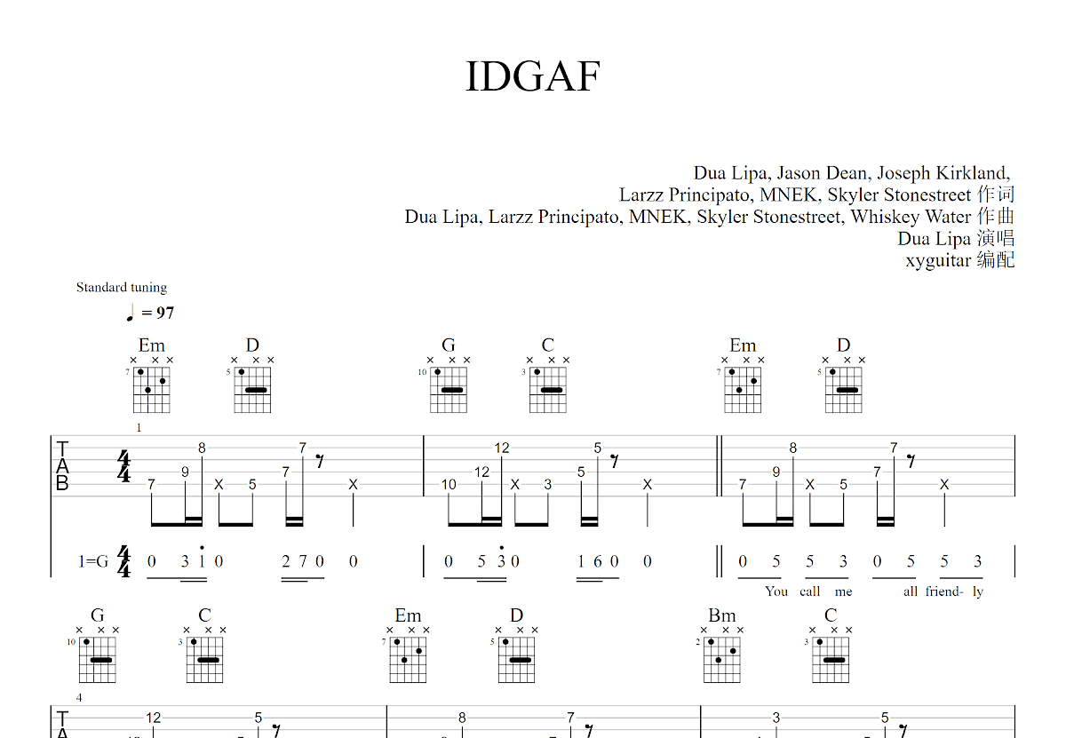 IDGAF吉他谱_Dua Lipa_G调弹唱92%专辑版 - 吉他世界
