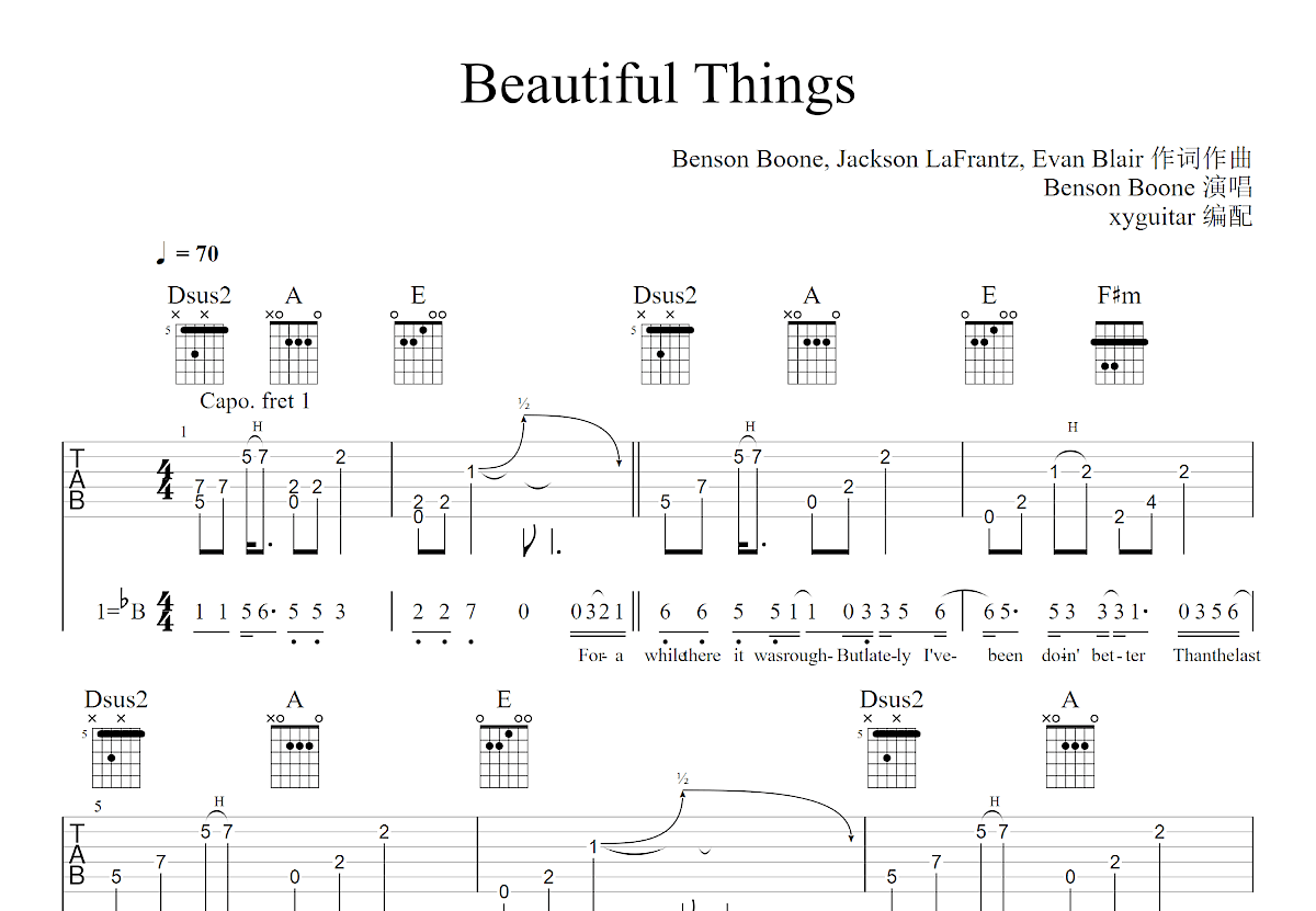 Beautiful Things吉他谱_Benson Boone_A调弹唱92%单曲版 - 吉他世界