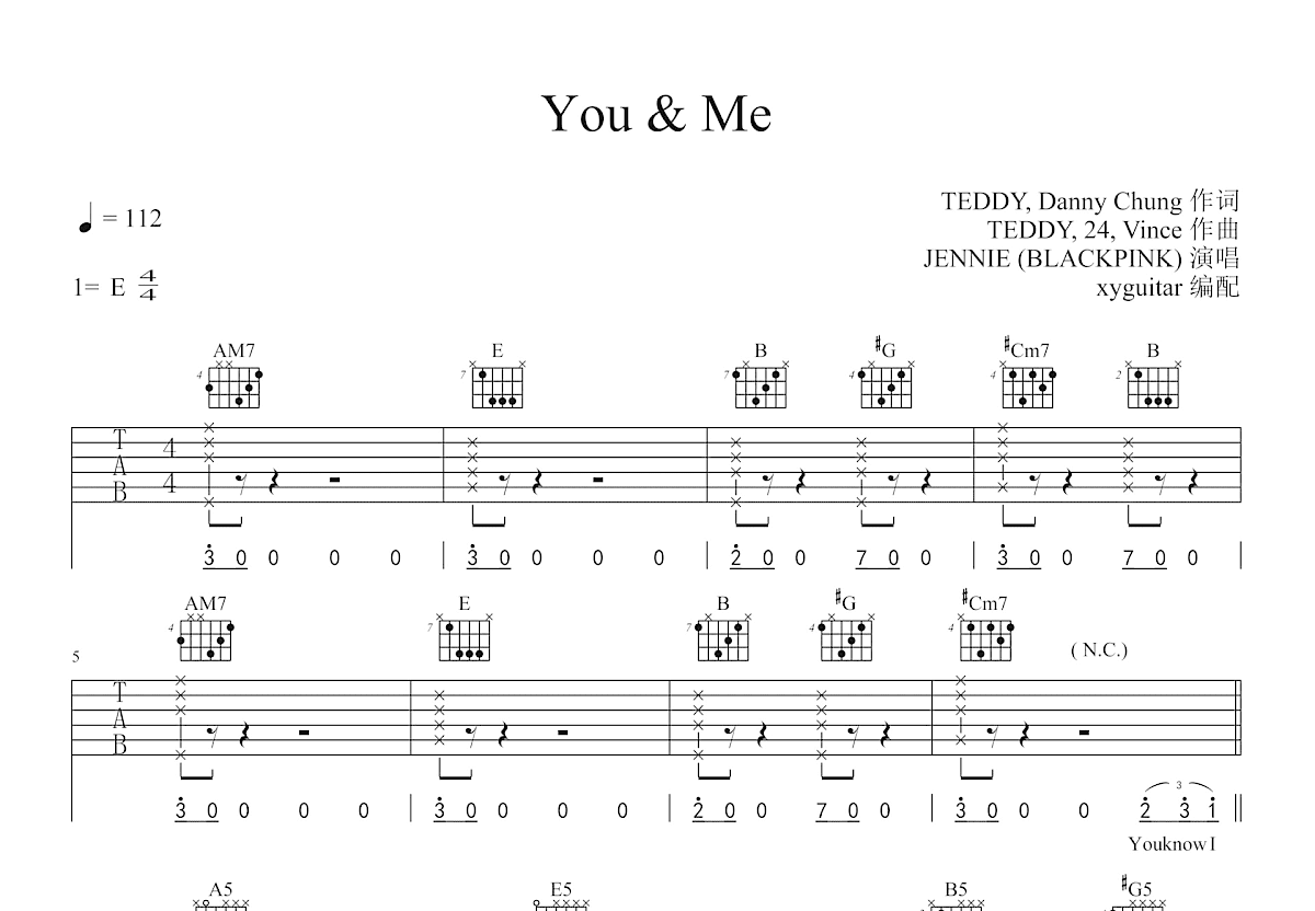 You & Me吉他谱_JENNIE,BLACKPINK_E调弹唱77%专辑版 - 吉他世界
