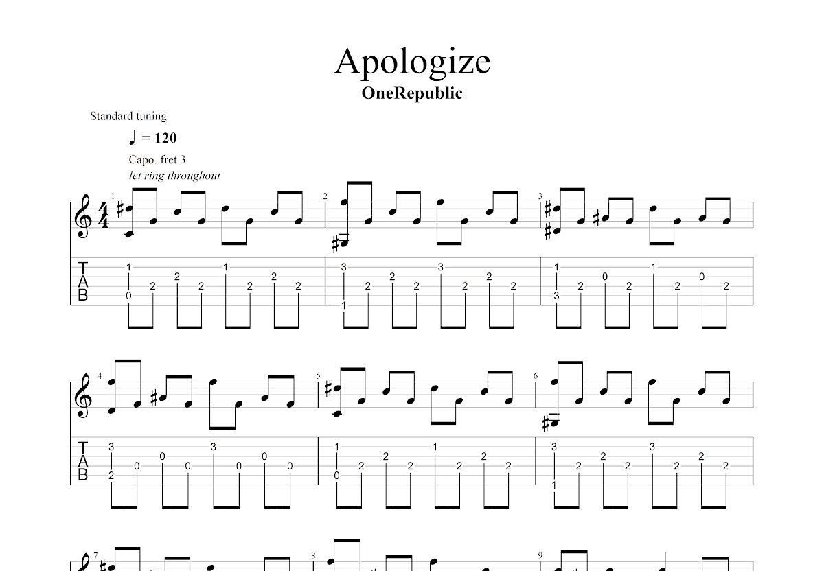 Apologize吉他谱_OneRepublic_C调指弹 - 吉他世界