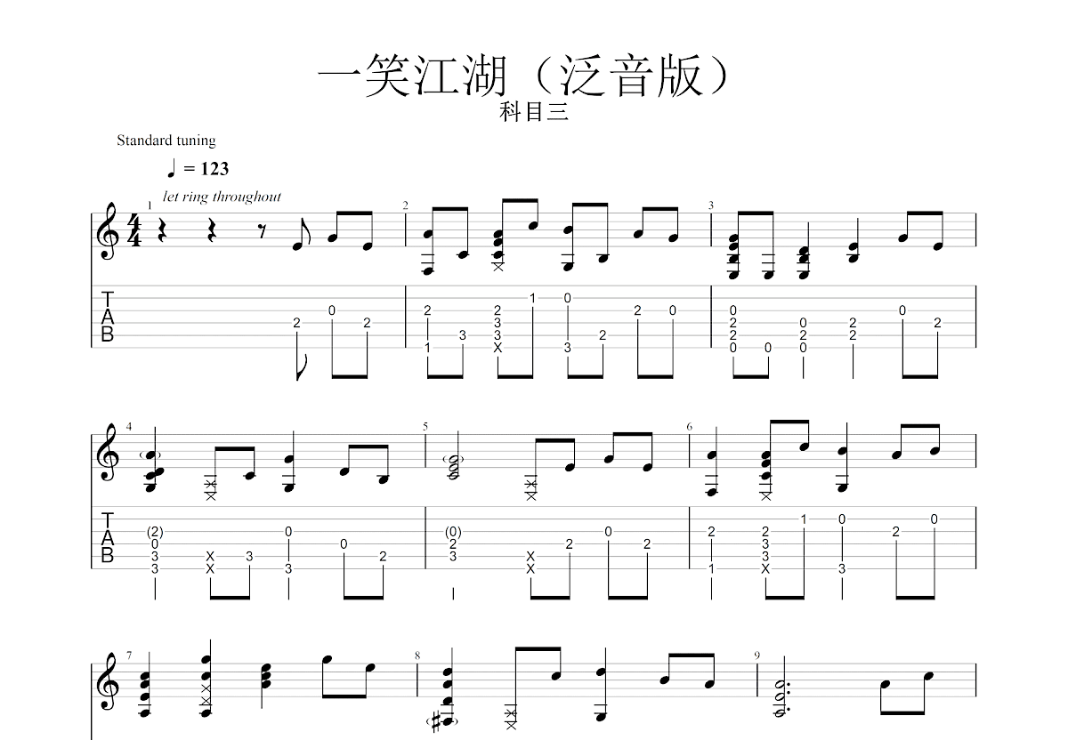 一笑江湖吉他谱祝何c调指弹 吉他世界