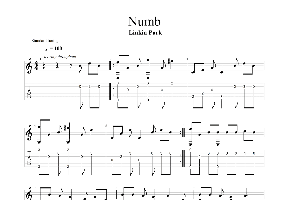 Numb吉他谱_Linkin Park_A调指弹 - 吉他世界