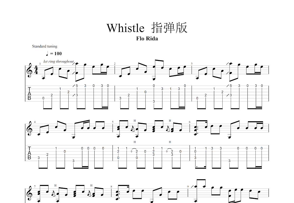 Whistle吉他谱_Flo Rida_C调指弹 - 吉他世界