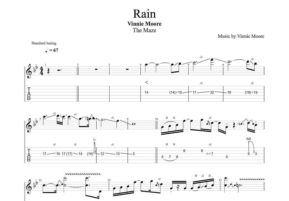 Rain吉他谱_Vinnie Moore_降B单旋律 - 吉他世界