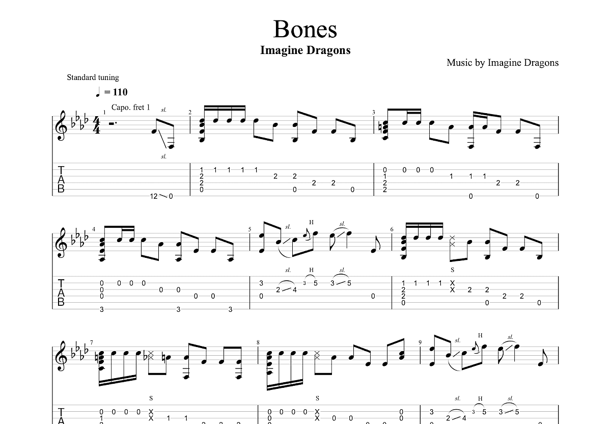 Bones吉他谱_Imagine Dragons_G调指弹 - 吉他世界