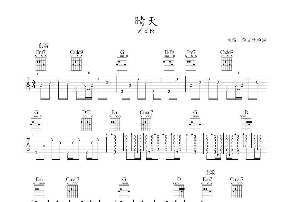 晴天吉他谱 周杰伦 G调指弹 吉他世界