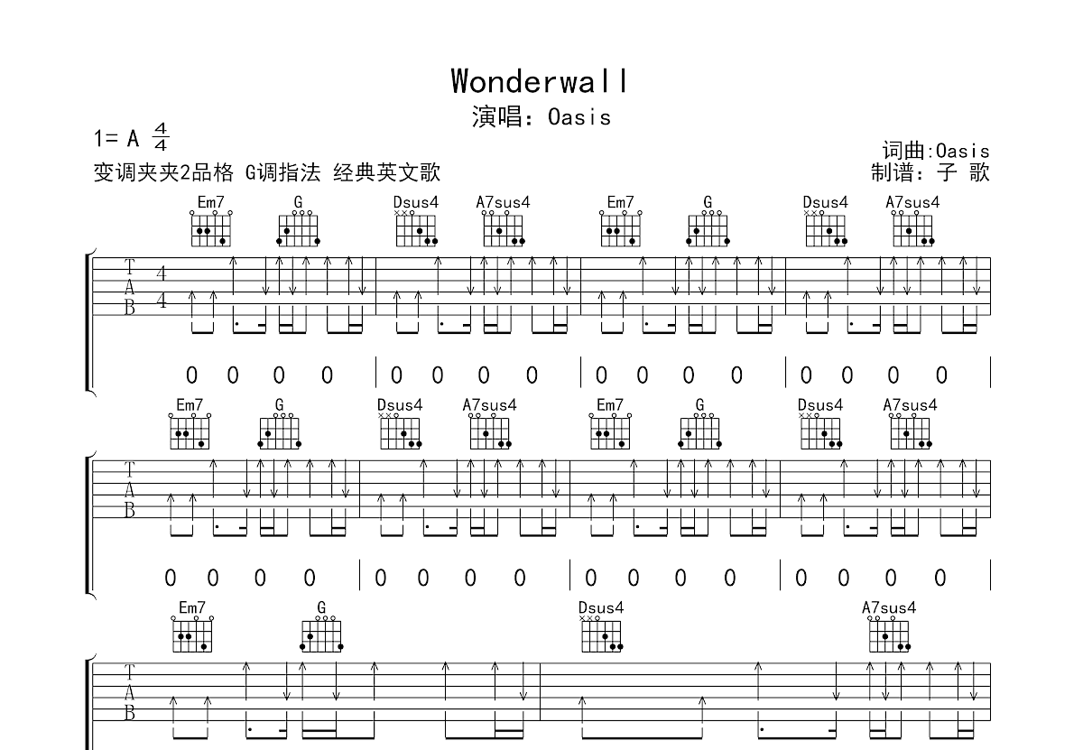 Wonderwall吉他谱_Oasis_G调弹唱81%单曲版 - 吉他世界