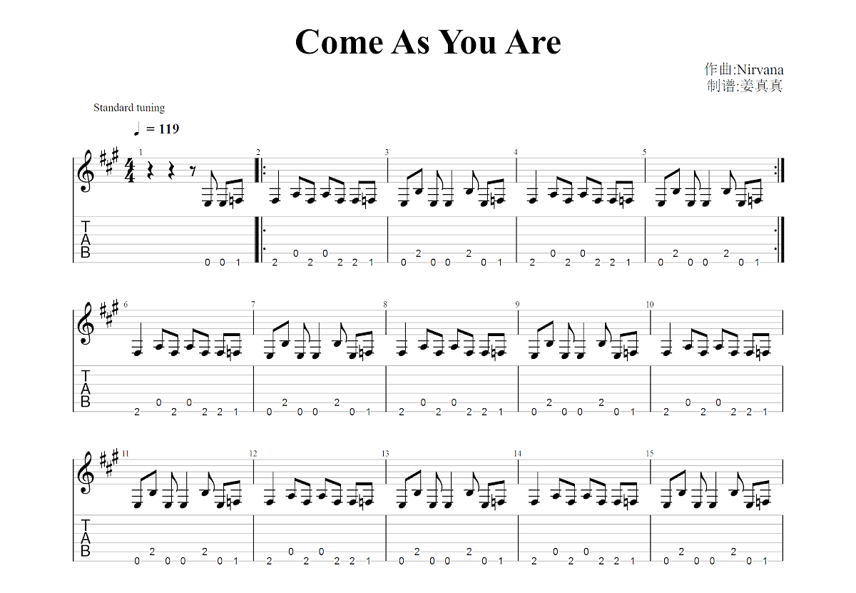 Come As You Are吉他谱_Nirvana_A调单旋律 - 吉他世界
