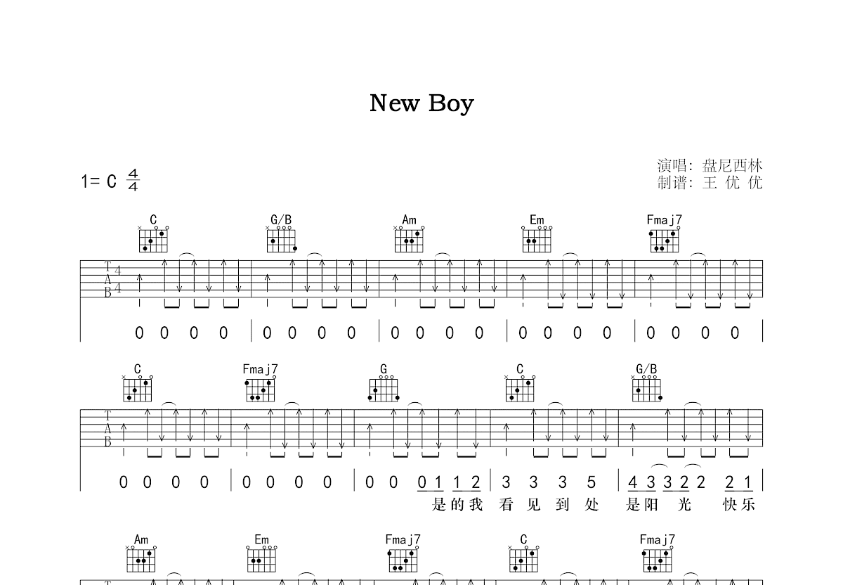 new boy吉他谱_盘尼西林乐队_C调弹唱50%现场版 - 吉他世界