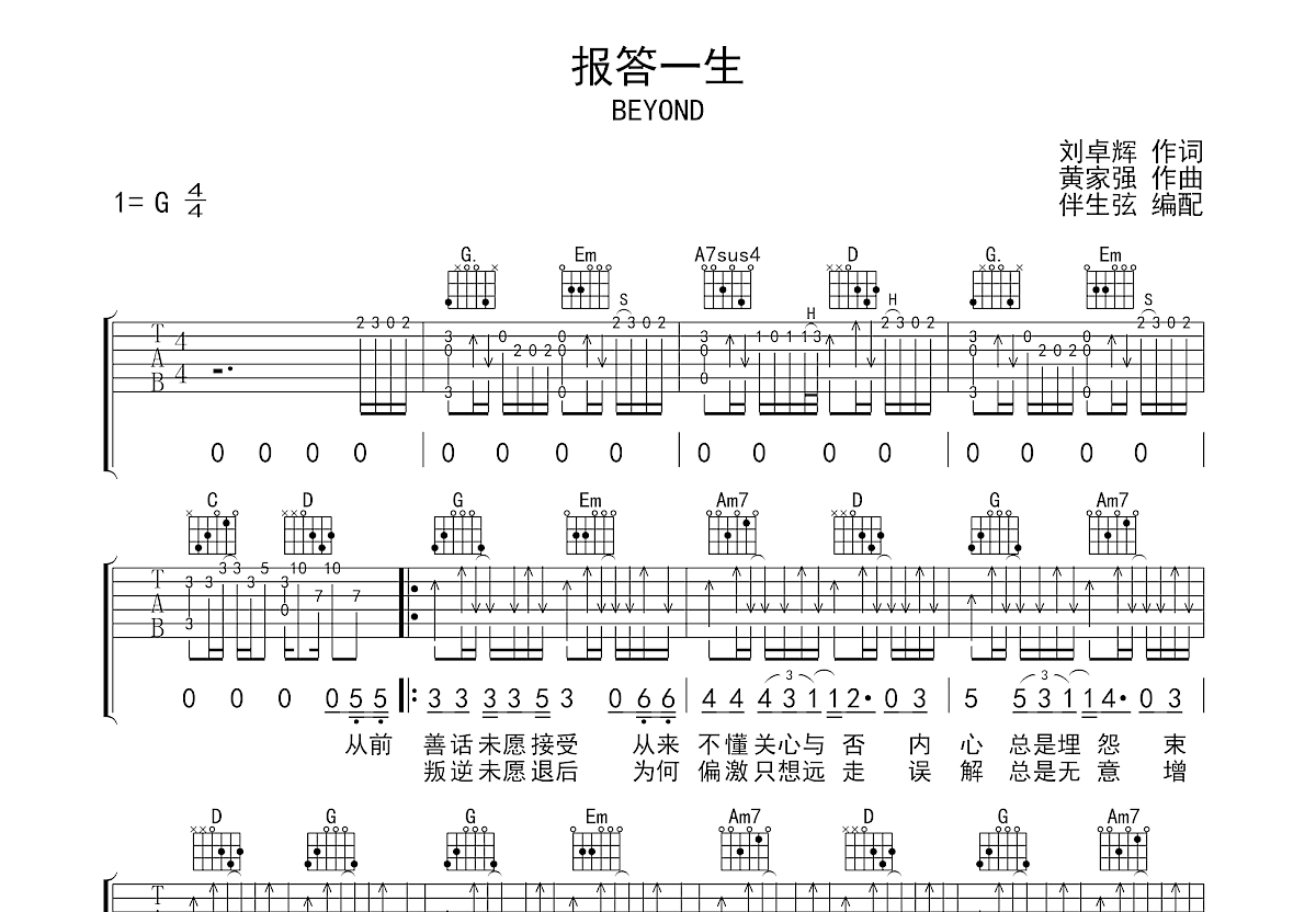 报答一生吉他谱_BEYOND_G调弹唱65%单曲版 - 吉他世界