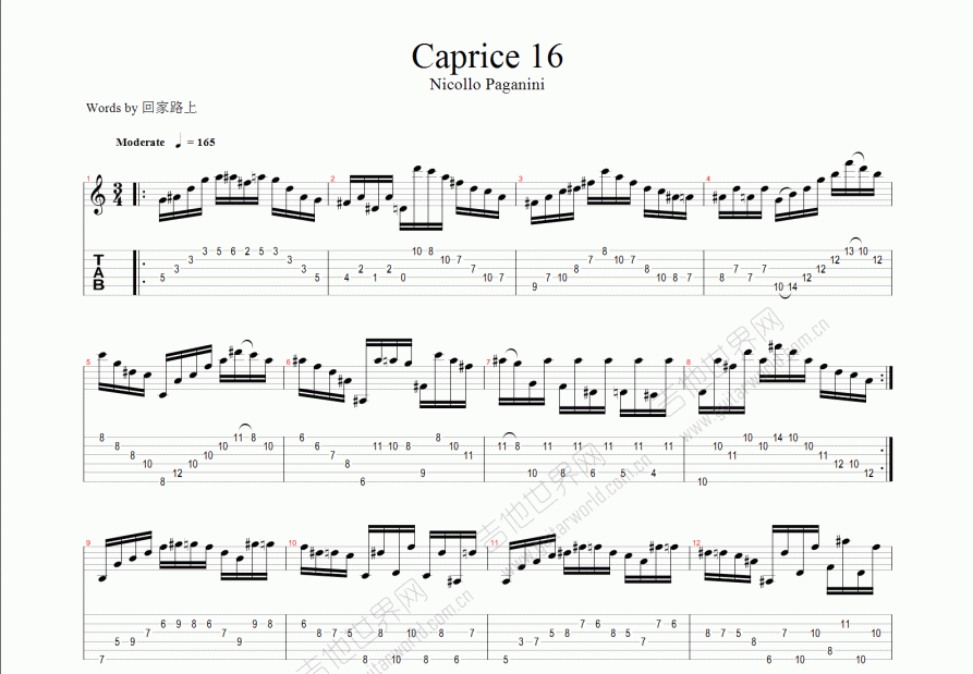 Caprice 16吉他谱_Nicollo Paganini_C调指弹 - 吉他世界