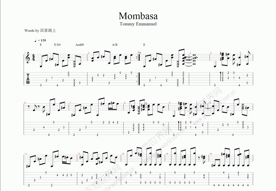mombasa吉他谱_tommy emmanuel_C调指弹 - 吉他世界