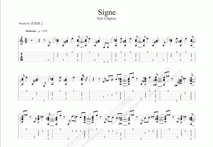 signe吉他谱_Eric clapton_C调指弹 - 吉他世界