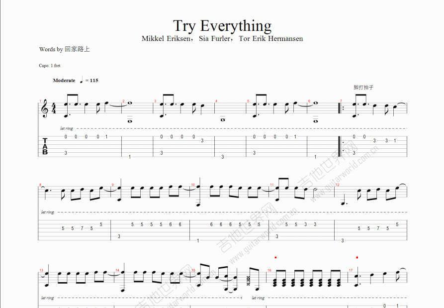 Try Everything吉他谱_Mikkel Eriksen_C调指弹 - 吉他世界
