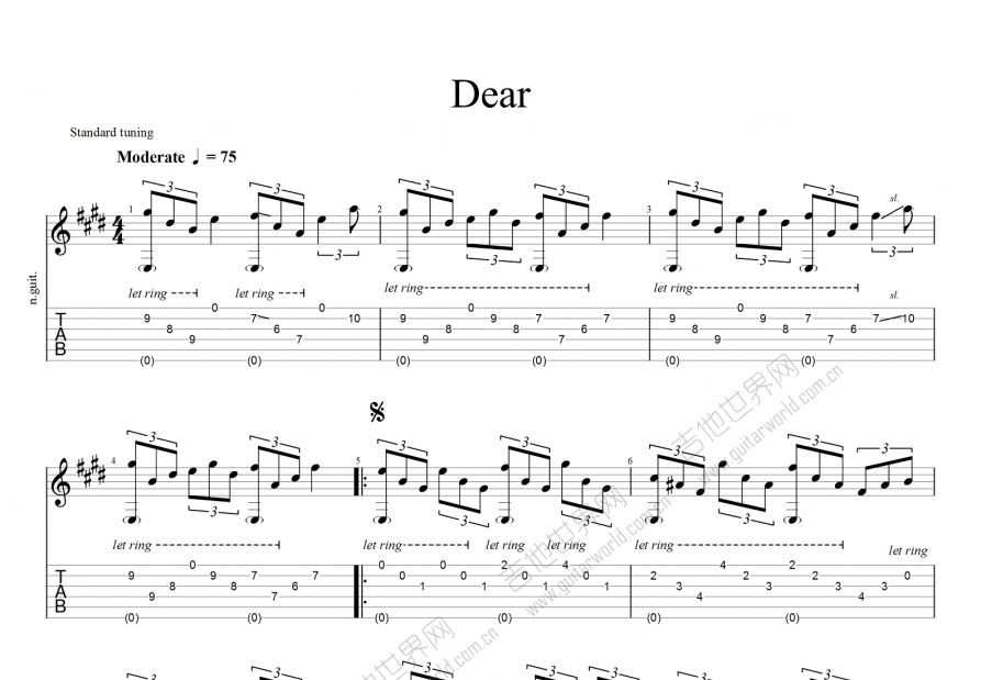 Dear吉他谱_押尾桑_D调指弹 - 吉他世界
