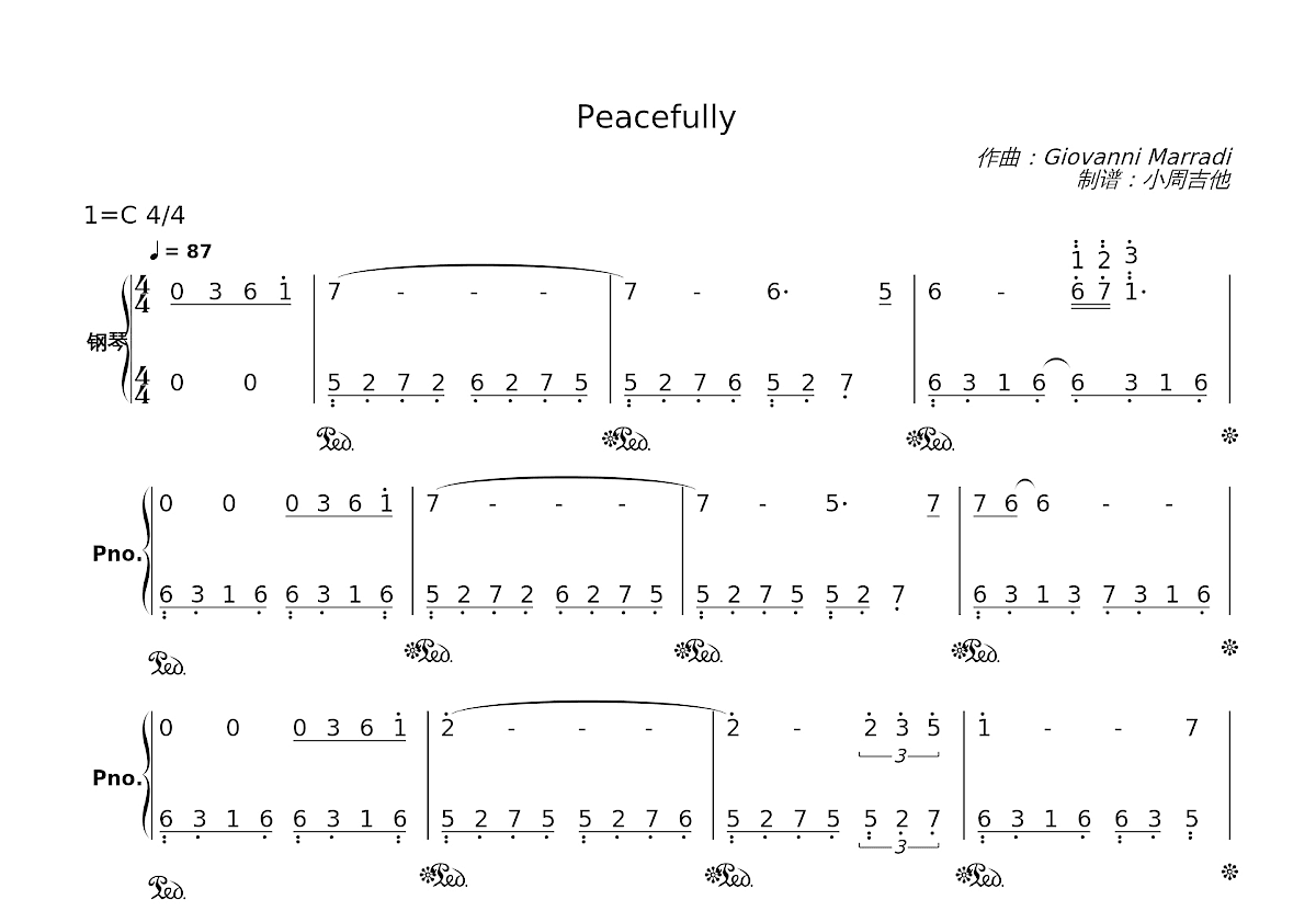 Peacefully钢琴谱_Giovanni Marradi_C调独奏 - 吉他世界