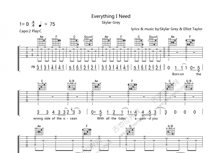 Everything I Need吉他谱_Skyla_C调弹唱 - 吉他世界