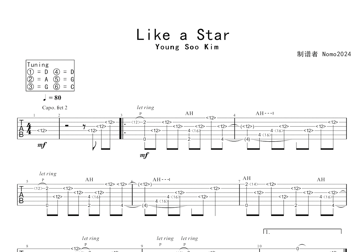 Like a star吉他谱_Youngso Kim_B调指弹 - 吉他世界