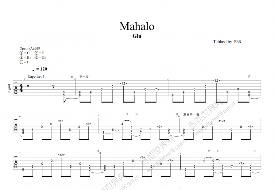 Mahalo吉他谱_Gin_升C指弹 - 吉他世界