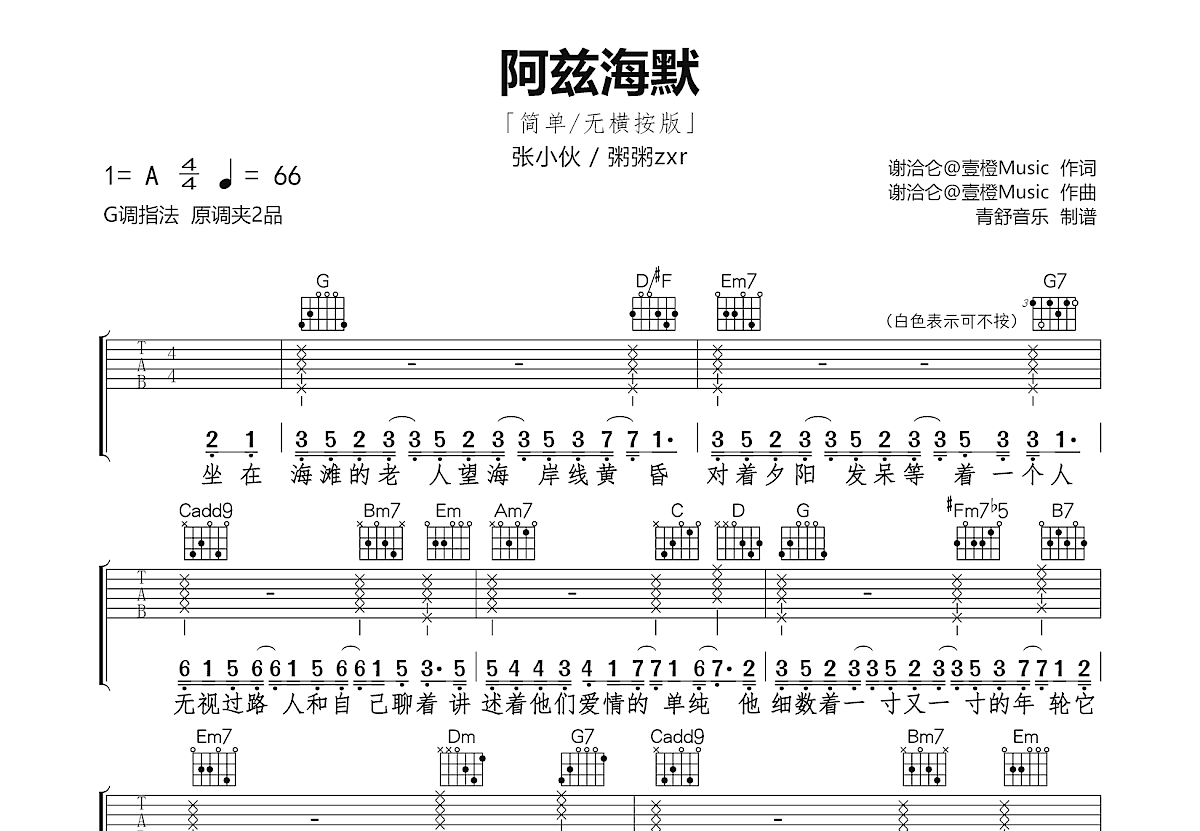 阿兹海默吉他谱_张小伙,粥粥zxr_G调弹唱66%专辑版 - 吉他世界