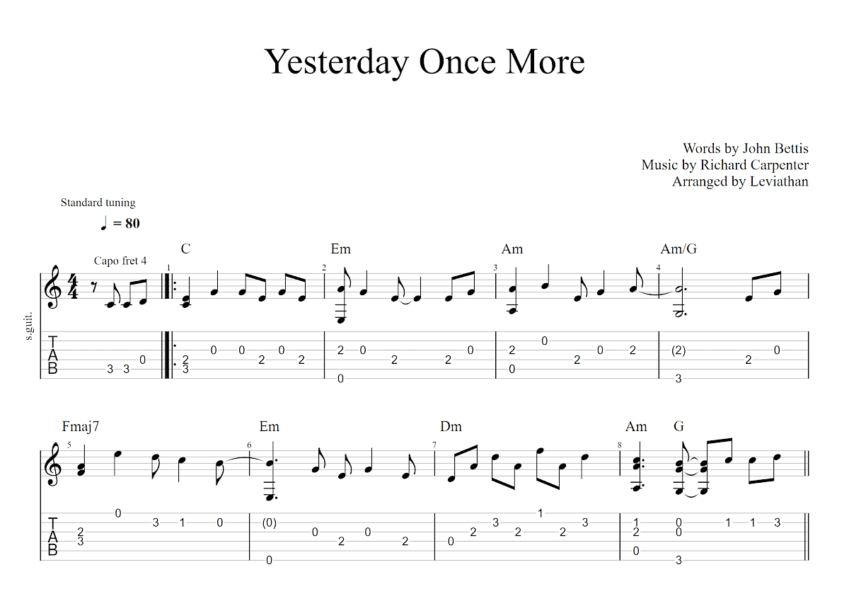 Yesterday Once More吉他谱_The Carpenters_C调指弹 - 吉他世界