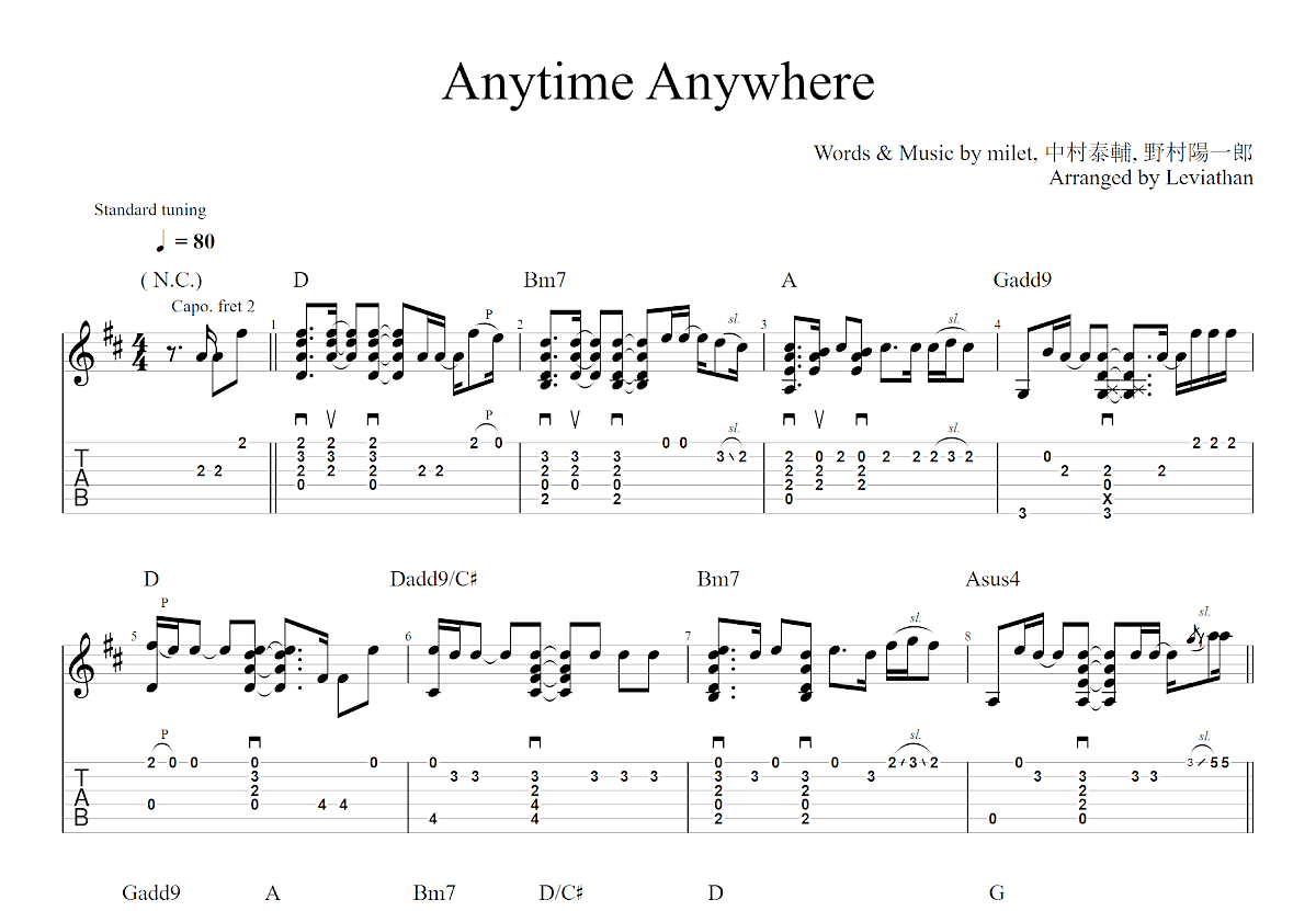 Anytime Anywhere吉他谱_milet_D调指弹 - 吉他世界