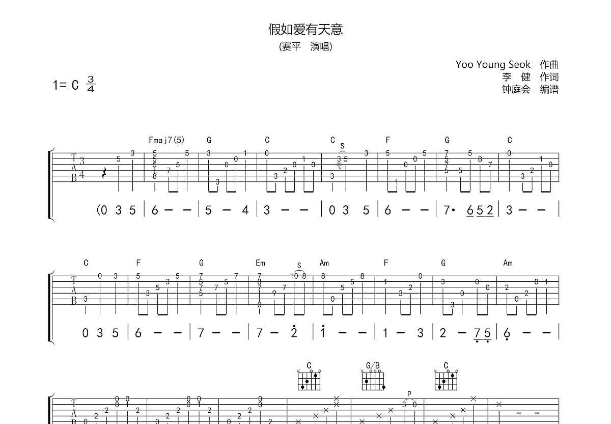 假如爱有天意吉他谱 赛平 C调弹唱100 翻弹版 吉他世界