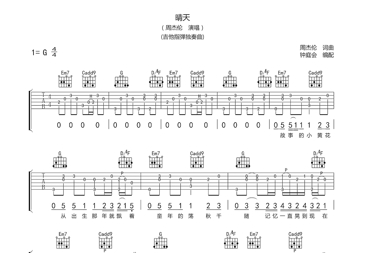 晴天吉他谱周杰伦g调指弹 吉他世界
