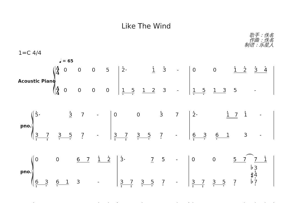 Like The Wind钢琴谱_佚名_C调独奏 - 吉他世界