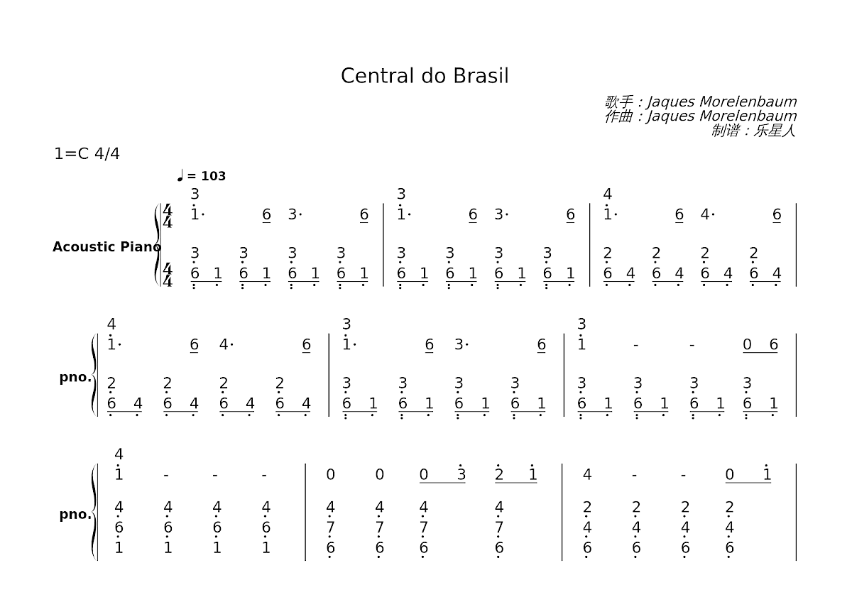 Central do Brasil钢琴谱_Jaques Morelenbaum_C调独奏 - 吉他世界