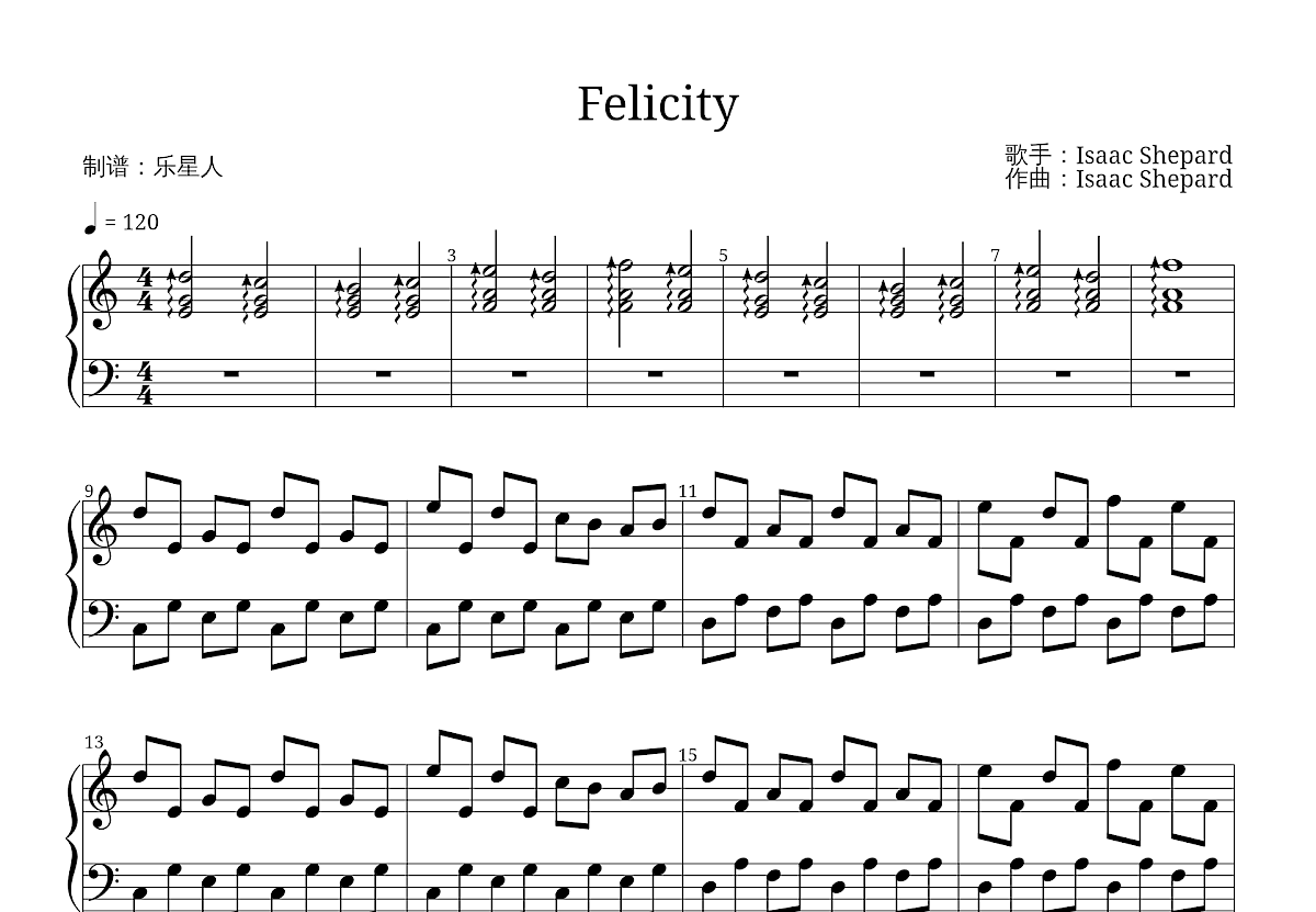 Felicity钢琴谱_Isaac Shepard_C调独奏 - 吉他世界