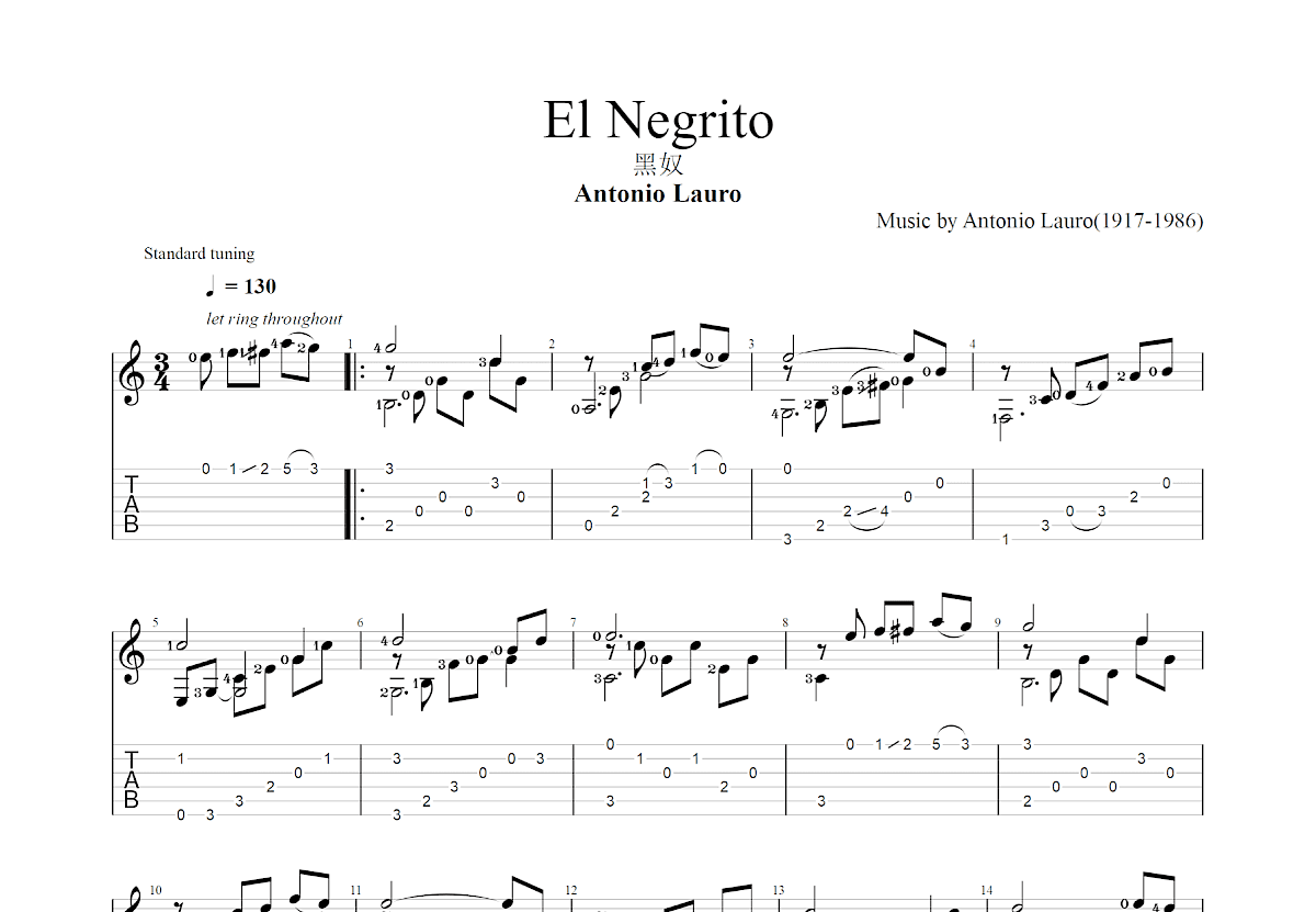 El Negrito吉他谱_Antonio Lauro_C调古典 - 吉他世界