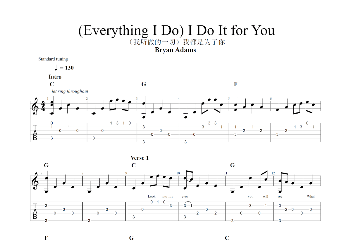 (Everything I Do) I Do It for You吉他谱_Bryan Adams_C调指弹 - 吉他世界