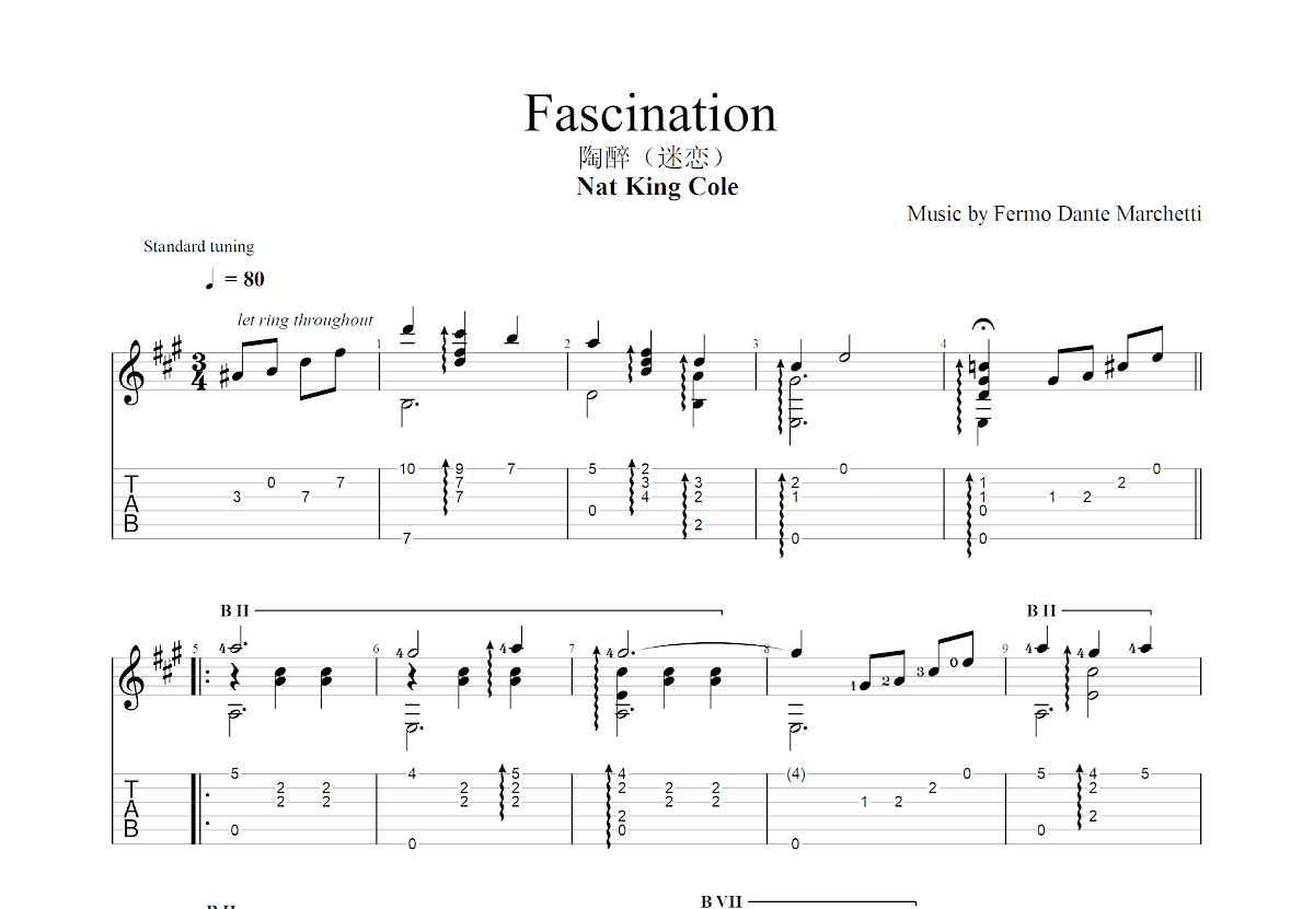 Fascination吉他谱_Nat Kang Cole_A调指弹 - 吉他世界