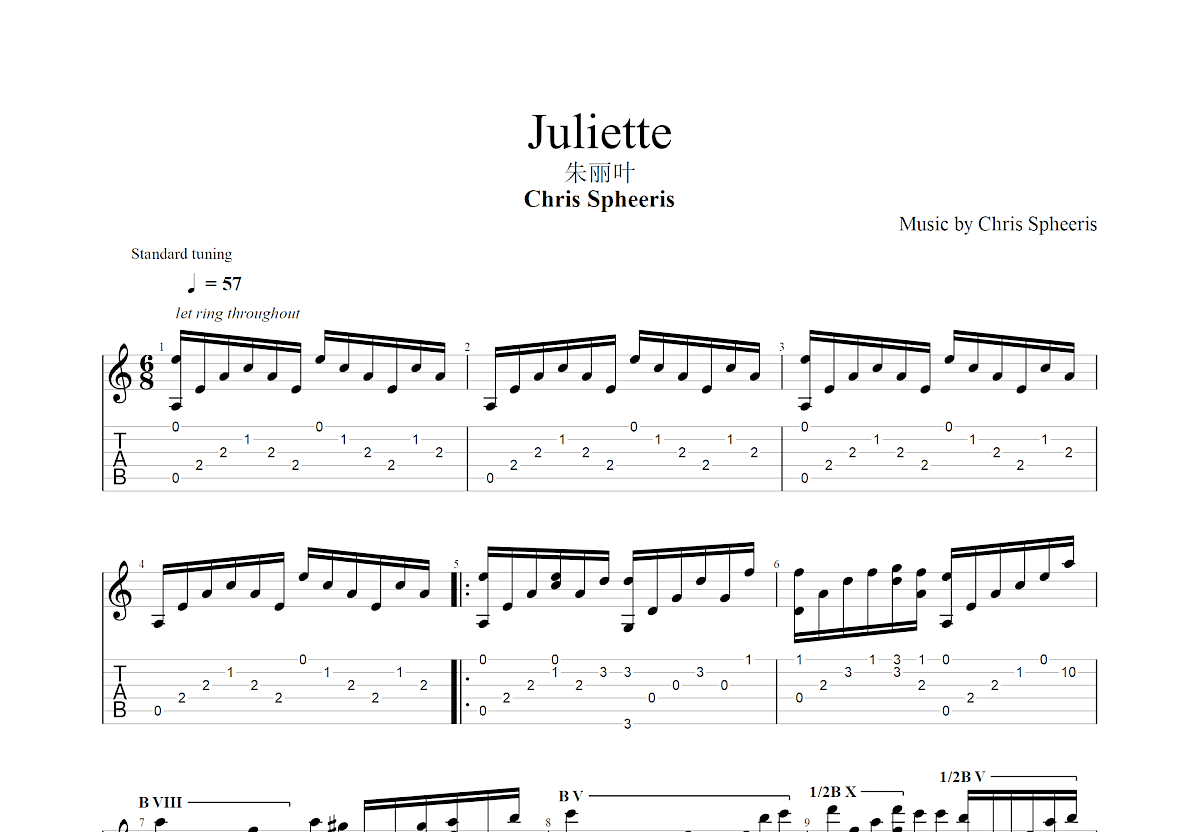 Juliette吉他谱_Chris Spheeris_C调指弹 - 吉他世界