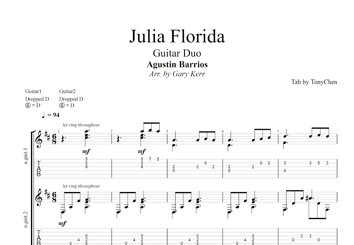 Julia Florida吉他谱_Agustin Barrios_D调双吉他独奏 - 吉他世界