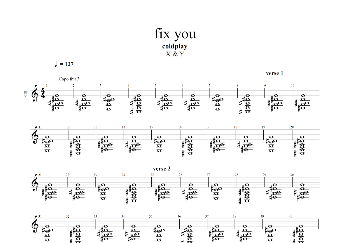 fix you吉他谱_coldplay_C调总谱 - 吉他世界