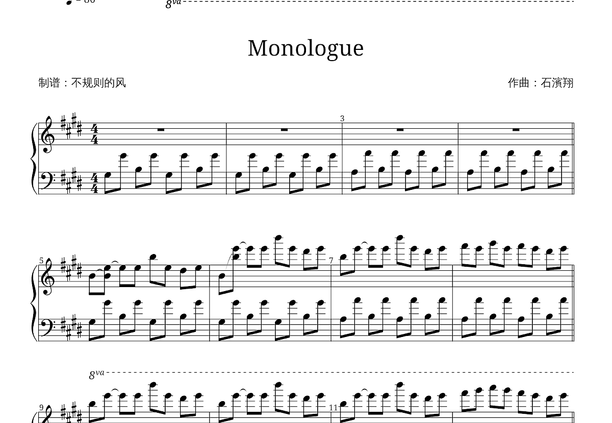 Monologue钢琴谱_石濱翔_E调独奏 - 吉他世界