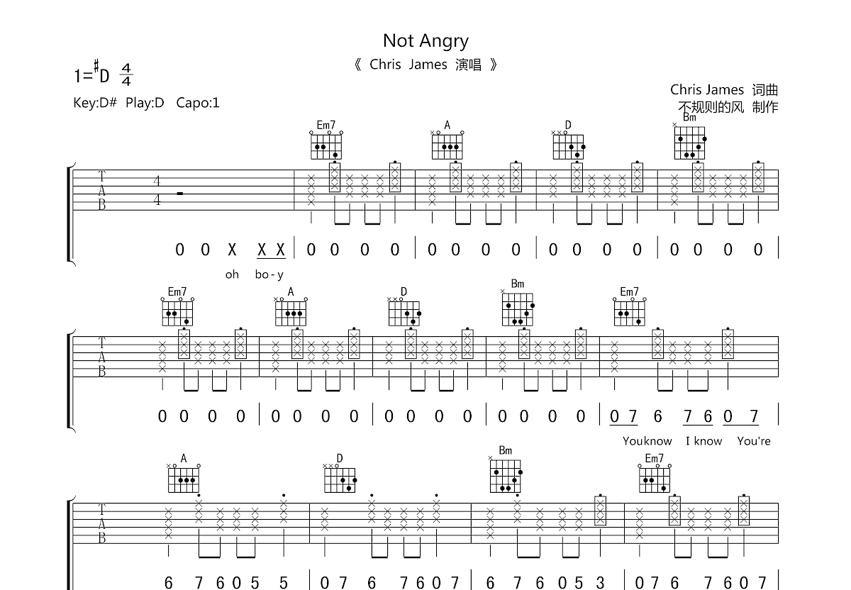 Not Angry吉他谱_Chris James_D调弹唱82%单曲版 - 吉他世界