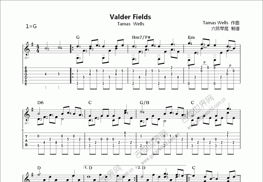 Valder Fields吉他谱_Tamas Wells_G调指弹 - 吉他世界
