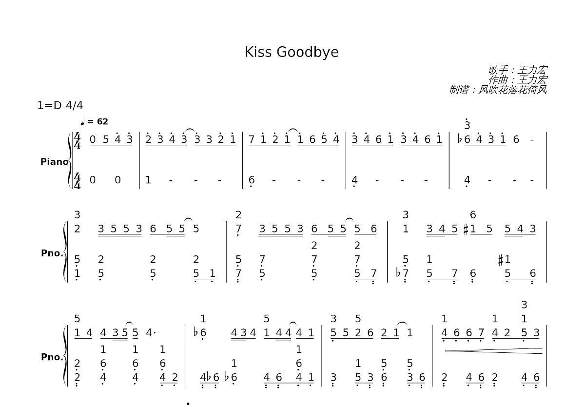 Kiss Goodbye钢琴谱_王力宏_D调独奏 - 吉他世界