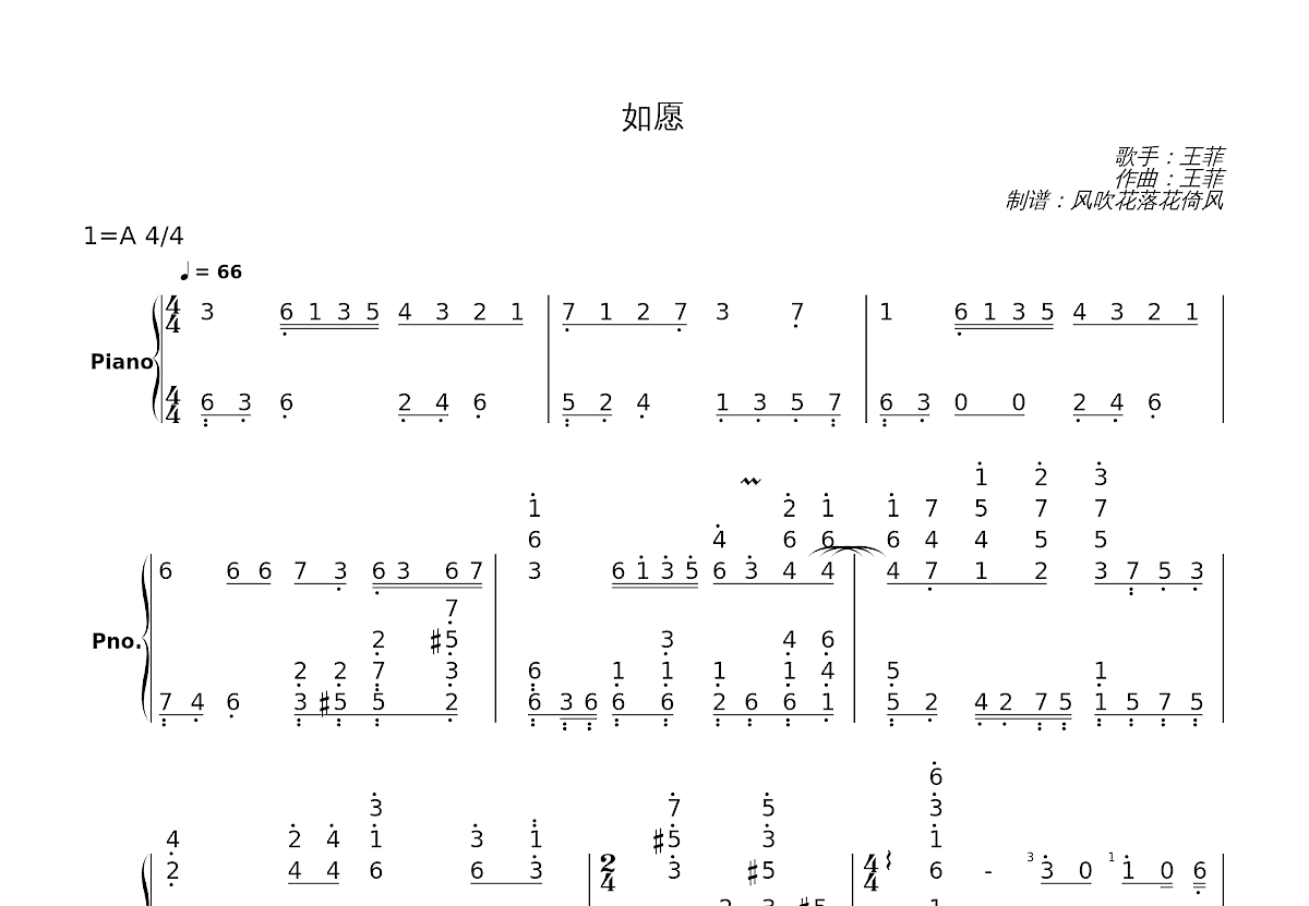 如愿钢琴谱王菲a调独奏 吉他世界