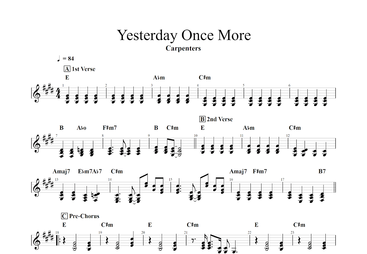 Yesterday Once More吉他谱_Carpenters_E调总谱 - 吉他世界