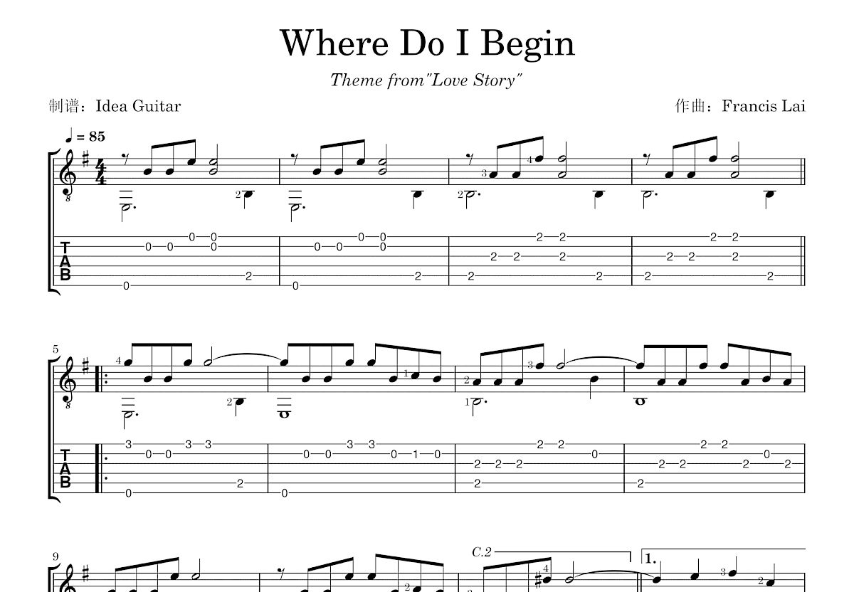 Where Do I Begin吉他谱_Francis Lai_G调指弹 - 吉他世界