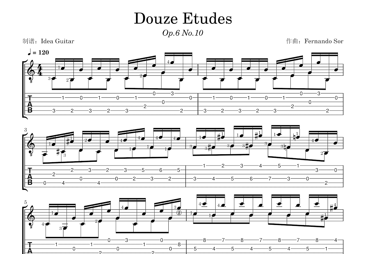 Douze Etudes吉他谱_Fernando Sor_C调古典 - 吉他世界