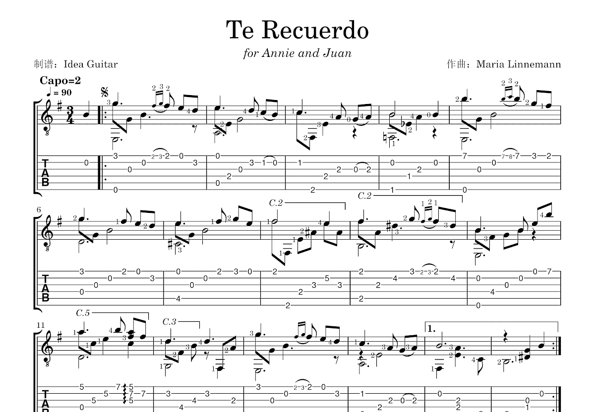 Te Recuerdo吉他谱_Maria Linnemann_G调古典 - 吉他世界