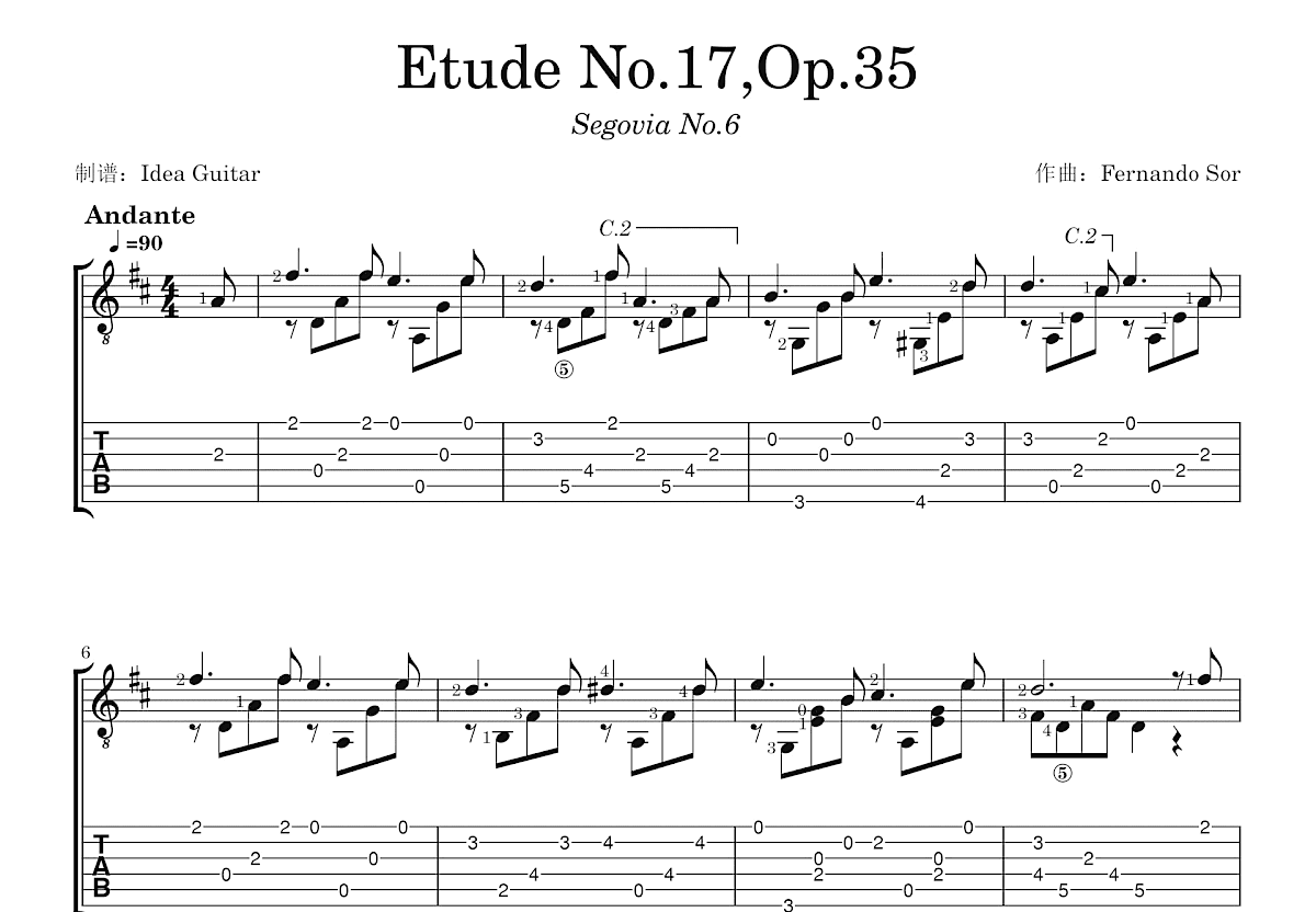 Etude No.17,Op.35吉他谱_Fernando Sor_D调古典 - 吉他世界