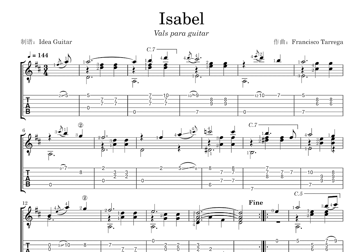 Isabel吉他谱_Francisco Tarrega_D调古典 - 吉他世界